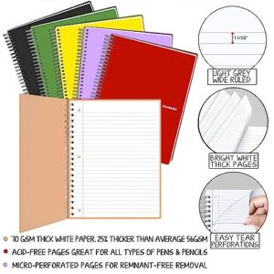 STUDIO O. A. Spiral Notebooks, 6 Pack, 1-Subject, Wide Ruled Paper, 8.5 x 11, 70 Sheets of 70g/㎡ Paper, Durable PP Cover, For School, Office, Business, Professional