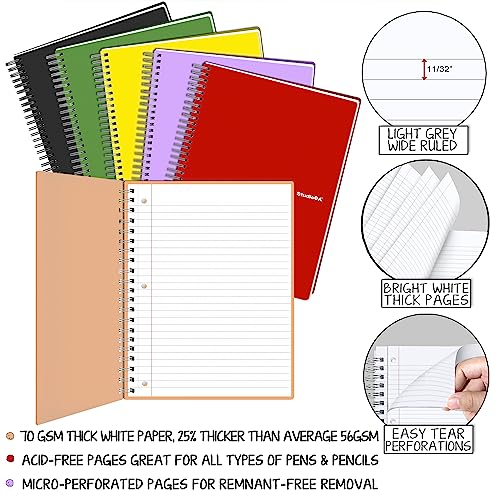 STUDIO O. A. Spiral Notebooks, 6 Pack, 1-Subject, Wide Ruled Paper, 8.5 x 11, 70 Sheets of 70g/㎡ Paper, Durable PP Cover, For School, Office, Business, Professional