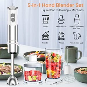 Immersion Blender, 5 in 1 Hand Blender, 12 Speed and Turbo Mode Immersion Blender handheld, Blender Electric Stainless Steel with Milk Frother, 600ml Beaker, 500ml Chopper, Egg Whisk