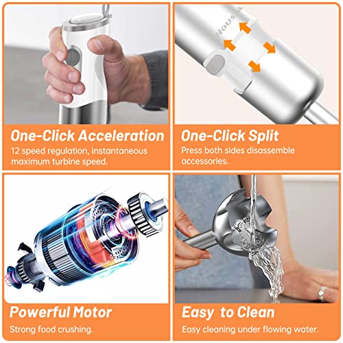 Immersion Blender, 5 in 1 Hand Blender, 12 Speed and Turbo Mode Immersion Blender handheld, Blender Electric Stainless Steel with Milk Frother, 600ml Beaker, 500ml Chopper, Egg Whisk