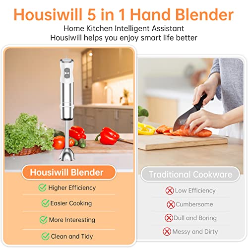 Immersion Blender, 5 in 1 Hand Blender, 12 Speed and Turbo Mode Immersion Blender handheld, Blender Electric Stainless Steel with Milk Frother, 600ml Beaker, 500ml Chopper, Egg Whisk