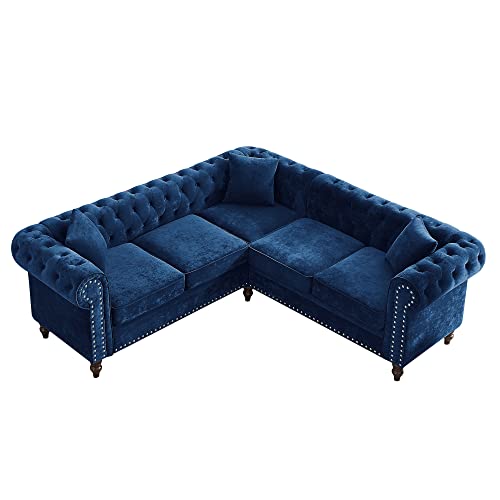 ERYE 80" Symmetrical Sectional Sofa,Button Tufted Velvet Upholstered Modular Sofa & Couch,Luxury Roll Arm Classic Chesterfield Couch,Nail Head Decor L-Shaped Corner Sofá with 3 Pillows, Blue