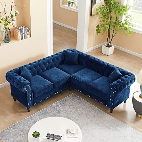 ERYE 80" Symmetrical Sectional Sofa,Button Tufted Velvet Upholstered Modular Sofa & Couch,Luxury Roll Arm Classic Chesterfield Couch,Nail Head Decor L-Shaped Corner Sofá with 3 Pillows, Blue