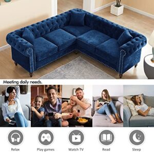 ERYE 80" Symmetrical Sectional Sofa,Button Tufted Velvet Upholstered Modular Sofa & Couch,Luxury Roll Arm Classic Chesterfield Couch,Nail Head Decor L-Shaped Corner Sofá with 3 Pillows, Blue