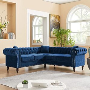 ERYE 80" Symmetrical Sectional Sofa,Button Tufted Velvet Upholstered Modular Sofa & Couch,Luxury Roll Arm Classic Chesterfield Couch,Nail Head Decor L-Shaped Corner Sofá with 3 Pillows, Blue