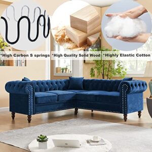 ERYE 80" Symmetrical Sectional Sofa,Button Tufted Velvet Upholstered Modular Sofa & Couch,Luxury Roll Arm Classic Chesterfield Couch,Nail Head Decor L-Shaped Corner Sofá with 3 Pillows, Blue