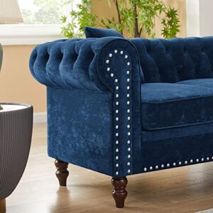 ERYE 80" Symmetrical Sectional Sofa,Button Tufted Velvet Upholstered Modular Sofa & Couch,Luxury Roll Arm Classic Chesterfield Couch,Nail Head Decor L-Shaped Corner Sofá with 3 Pillows, Blue