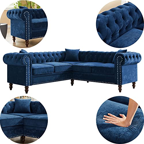 ERYE 80" Symmetrical Sectional Sofa,Button Tufted Velvet Upholstered Modular Sofa & Couch,Luxury Roll Arm Classic Chesterfield Couch,Nail Head Decor L-Shaped Corner Sofá with 3 Pillows, Blue