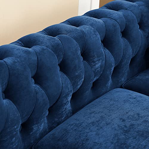 ERYE 80" Symmetrical Sectional Sofa,Button Tufted Velvet Upholstered Modular Sofa & Couch,Luxury Roll Arm Classic Chesterfield Couch,Nail Head Decor L-Shaped Corner Sofá with 3 Pillows, Blue