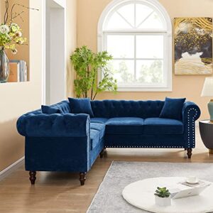 ERYE 80" Symmetrical Sectional Sofa,Button Tufted Velvet Upholstered Modular Sofa & Couch,Luxury Roll Arm Classic Chesterfield Couch,Nail Head Decor L-Shaped Corner Sofá with 3 Pillows, Blue