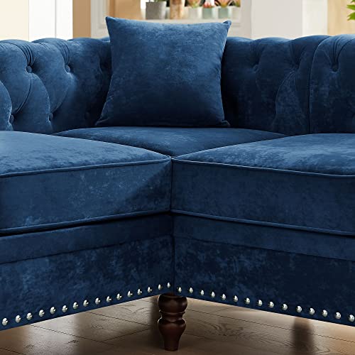 ERYE 80" Symmetrical Sectional Sofa,Button Tufted Velvet Upholstered Modular Sofa & Couch,Luxury Roll Arm Classic Chesterfield Couch,Nail Head Decor L-Shaped Corner Sofá with 3 Pillows, Blue