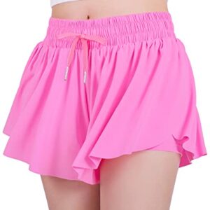 JOCMIC Girls Flowy Shorts, 2 in 1 Preppy Butterfly Shorts with Spandex Liner for Cheer Athletic Gym Kids Casual Clothes Rose Red 12 Years