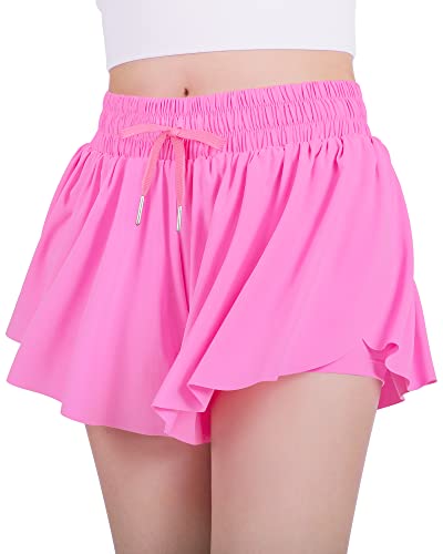 JOCMIC Girls Flowy Shorts, 2 in 1 Preppy Butterfly Shorts with Spandex Liner for Cheer Athletic Gym Kids Casual Clothes Rose Red 12 Years