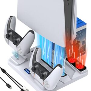 PS5 Stand and Cooling Station with Dual Controller Charging Station Compatible with PS5 Controller,Compact PS5 Accessories with Cooling Fan,Controller Charger,2 in 1 USB Cable, Media Slot, Screw