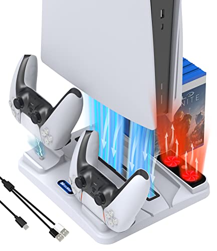 PS5 Stand and Cooling Station with Dual Controller Charging Station Compatible with PS5 Controller,Compact PS5 Accessories with Cooling Fan,Controller Charger,2 in 1 USB Cable, Media Slot, Screw