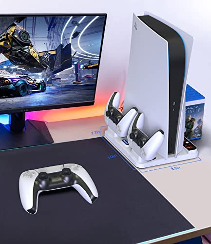 PS5 Stand and Cooling Station with Dual Controller Charging Station Compatible with PS5 Controller,Compact PS5 Accessories with Cooling Fan,Controller Charger,2 in 1 USB Cable, Media Slot, Screw