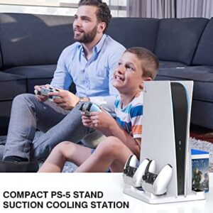 PS5 Stand and Cooling Station with Dual Controller Charging Station Compatible with PS5 Controller,Compact PS5 Accessories with Cooling Fan,Controller Charger,2 in 1 USB Cable, Media Slot, Screw