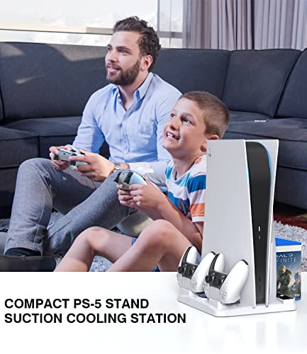 PS5 Stand and Cooling Station with Dual Controller Charging Station Compatible with PS5 Controller,Compact PS5 Accessories with Cooling Fan,Controller Charger,2 in 1 USB Cable, Media Slot, Screw