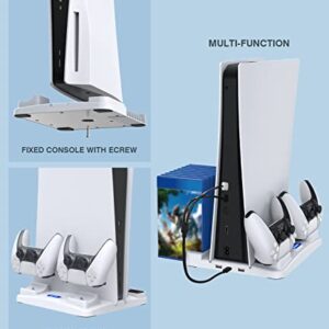 PS5 Stand and Cooling Station with Dual Controller Charging Station Compatible with PS5 Controller,Compact PS5 Accessories with Cooling Fan,Controller Charger,2 in 1 USB Cable, Media Slot, Screw