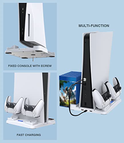 PS5 Stand and Cooling Station with Dual Controller Charging Station Compatible with PS5 Controller,Compact PS5 Accessories with Cooling Fan,Controller Charger,2 in 1 USB Cable, Media Slot, Screw