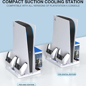 PS5 Stand and Cooling Station with Dual Controller Charging Station Compatible with PS5 Controller,Compact PS5 Accessories with Cooling Fan,Controller Charger,2 in 1 USB Cable, Media Slot, Screw