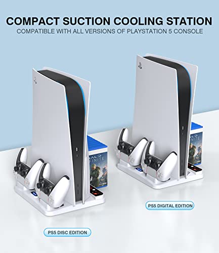 PS5 Stand and Cooling Station with Dual Controller Charging Station Compatible with PS5 Controller,Compact PS5 Accessories with Cooling Fan,Controller Charger,2 in 1 USB Cable, Media Slot, Screw