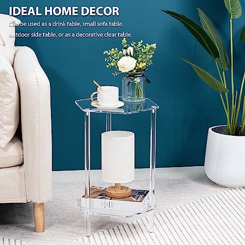 HMYHUM Acrylic Side Table for Small Spaces, Hexagonal, Clear, 20.1" H, Small Nightstand/Bedside/End Table for Couch, Living Room, Bedroom, 2-Tier, Modern, Easy Assembly