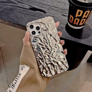 Yebowe Compatible with iPhone 14 Pro Max Case, Cute 3D Tin Foil Pleated Luxury Phone Cover for Women Girls Cool Bling Designer Soft Slim Case for iPhone 14 Pro Max Silver