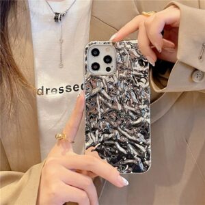 Yebowe Compatible with iPhone 14 Pro Max Case, Cute 3D Tin Foil Pleated Luxury Phone Cover for Women Girls Cool Bling Designer Soft Slim Case for iPhone 14 Pro Max Silver