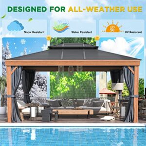 EROMMY 12'x14' Hardtop Gazebo Outdoor Aluminum Wood Grain Gazebos with Galvanized Steel Roof and Mosquito Net for Patios, Deck, Backyard, Curtains & Netting