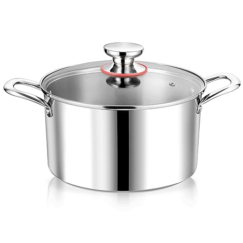 P&P CHEF 4 Quart Stockpot with Lid, Stainless Steel Tri-Ply Cooking Soup Pasta Stock Pot for Gas/Induction/Electric Stoves, With Glass Cover & Two Handles, Heavy Duty & Dishwasher Safe