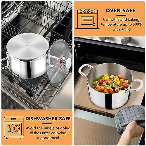 P&P CHEF 4 Quart Stockpot with Lid, Stainless Steel Tri-Ply Cooking Soup Pasta Stock Pot for Gas/Induction/Electric Stoves, With Glass Cover & Two Handles, Heavy Duty & Dishwasher Safe