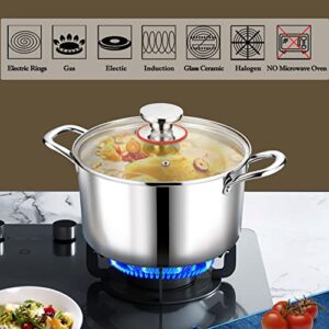 P&P CHEF 4 Quart Stockpot with Lid, Stainless Steel Tri-Ply Cooking Soup Pasta Stock Pot for Gas/Induction/Electric Stoves, With Glass Cover & Two Handles, Heavy Duty & Dishwasher Safe