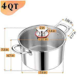 P&P CHEF 4 Quart Stockpot with Lid, Stainless Steel Tri-Ply Cooking Soup Pasta Stock Pot for Gas/Induction/Electric Stoves, With Glass Cover & Two Handles, Heavy Duty & Dishwasher Safe