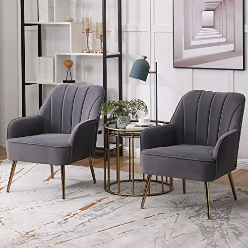 LUCKHAO Modern Accent Chair Set of 2,Velvet Comfy Upholstered Armchair Cozy Single Sofa Chairs with Gold Metal Legs for Living Room,Reading,Bedroom,Office(Grey)