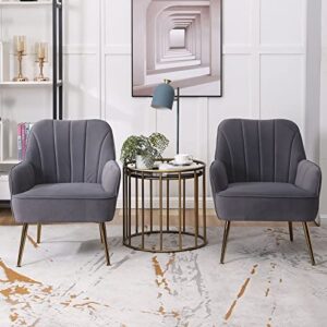 LUCKHAO Modern Accent Chair Set of 2,Velvet Comfy Upholstered Armchair Cozy Single Sofa Chairs with Gold Metal Legs for Living Room,Reading,Bedroom,Office(Grey)