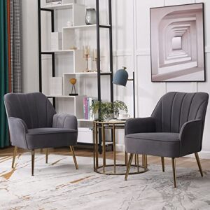 LUCKHAO Modern Accent Chair Set of 2,Velvet Comfy Upholstered Armchair Cozy Single Sofa Chairs with Gold Metal Legs for Living Room,Reading,Bedroom,Office(Grey)