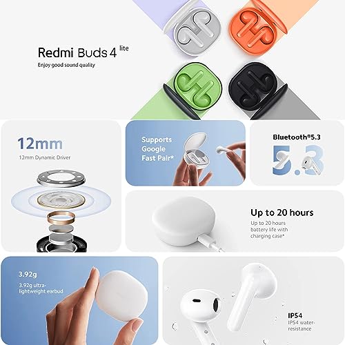 Xiaomi Redmi Buds 4 Lite TWS Wireless Earbuds, Bluetooth 5.3 Low-Latency Game Headset with AI Call Noise Cancelling, IP54 Waterproof, 20H Playtime, Lightweight Comfort Fit Headphones, Black