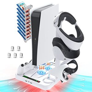 psvr2 charger & ps5 controller charging station, ps5 accessories for playstation 5 console,ps5 stand with cooling fan and controller charger, psvr 2 accessories have 3 usb ports & led indicator light