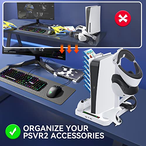 PSVR2 Charger & PS5 Controller Charging Station, PS5 Accessories for Playstation 5 Console,ps5 Stand with Cooling fan and Controller Charger, PSVR 2 Accessories Have 3 USB Ports & Led Indicator Light