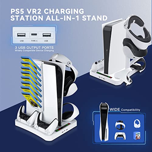 PSVR2 Charger & PS5 Controller Charging Station, PS5 Accessories for Playstation 5 Console,ps5 Stand with Cooling fan and Controller Charger, PSVR 2 Accessories Have 3 USB Ports & Led Indicator Light