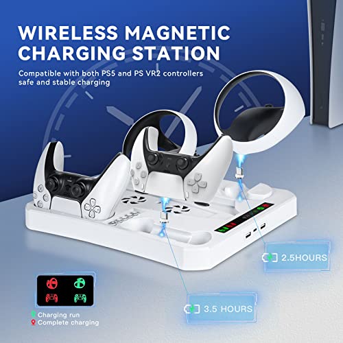 PSVR2 Charger & PS5 Controller Charging Station, PS5 Accessories for Playstation 5 Console,ps5 Stand with Cooling fan and Controller Charger, PSVR 2 Accessories Have 3 USB Ports & Led Indicator Light