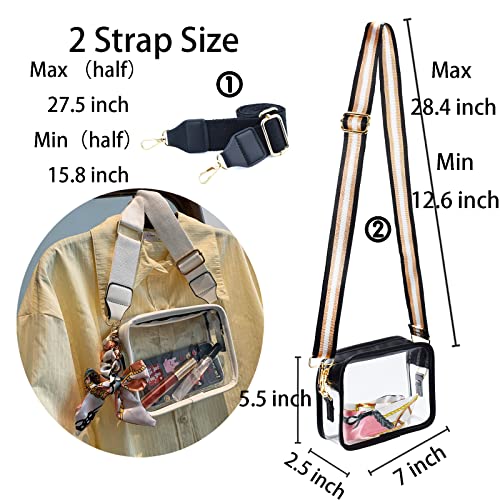 KlaOYer 2 Adjustable Strap PVC Clear Crossbody Bags with Silk, Stadium Approved Transparent Shoulder Bag Handbag Small Square Phone Bag Zipper Purse(Black 4)