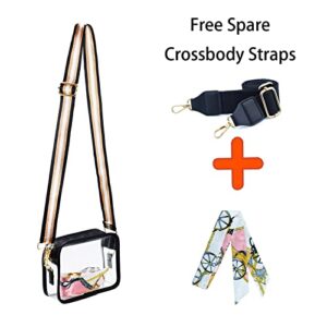 KlaOYer 2 Adjustable Strap PVC Clear Crossbody Bags with Silk, Stadium Approved Transparent Shoulder Bag Handbag Small Square Phone Bag Zipper Purse(Black 4)