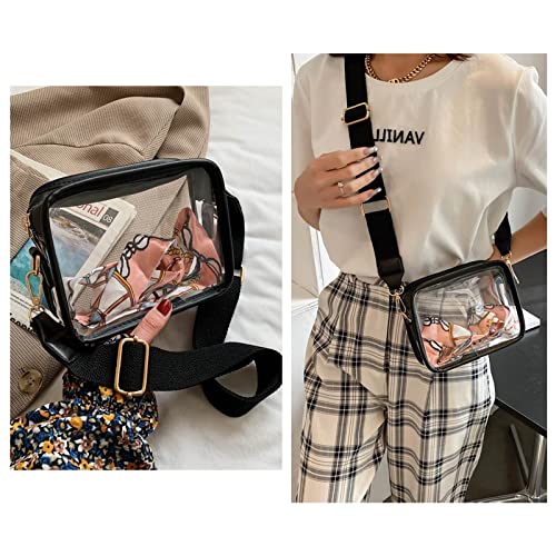 KlaOYer 2 Adjustable Strap PVC Clear Crossbody Bags with Silk, Stadium Approved Transparent Shoulder Bag Handbag Small Square Phone Bag Zipper Purse(Black 4)