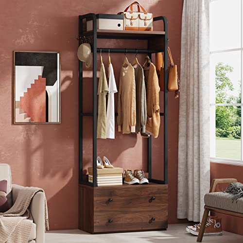 Tribesigns Freestanding Closet Organizer Small Clothes Rack with Drawers and Shelves, Heavy Duty Coat Rack Small Garment Rack Industrial Hall Tree for Entryway, Bedroom