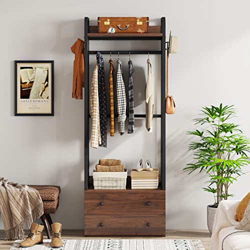 Tribesigns Freestanding Closet Organizer Small Clothes Rack with Drawers and Shelves, Heavy Duty Coat Rack Small Garment Rack Industrial Hall Tree for Entryway, Bedroom