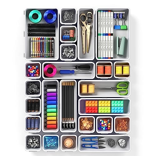 Fkamz Things & Crafts Storage Box Set 24 Pieces, Rolling Storage Cart Drawer Organizer Art Bin for Ribbons, Beads, Sticker, Yarn, and Ornaments, Sewing Work Bench Small Parts