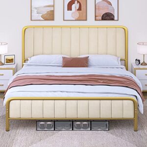 yitahome queen size bed frame, velvet bed frame with upholstered headboard, strong metal slats support platform bed, no box spring needed, gold & beige