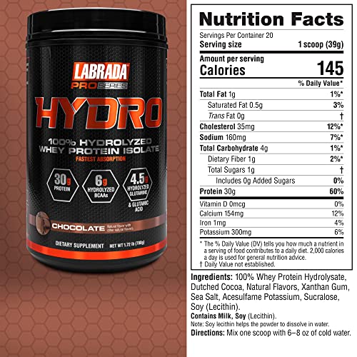 Labrada Hydro 100% Pure Hydrolyzed Whey Protein Isolate Powder, Lactose Free, 6g BCAA’s, 4.5g Glutamine, Fastest Digesting Whey Available, Instant Mixing, Delicious Taste (Chocolate)